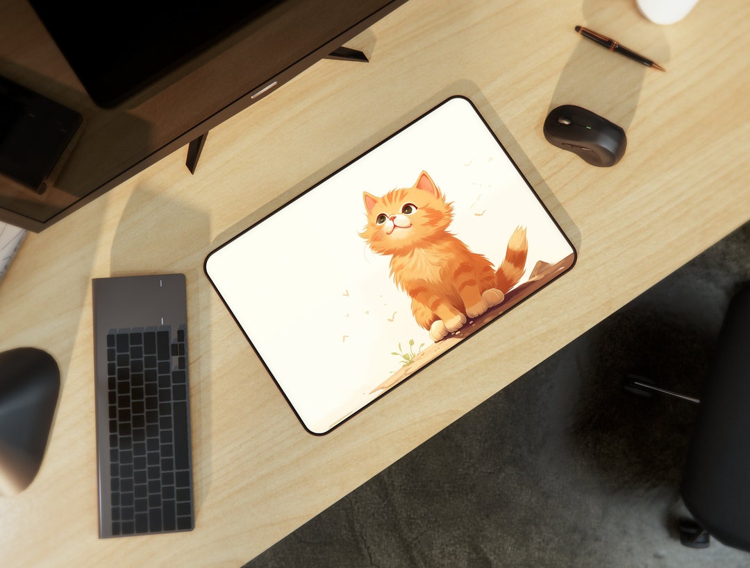 Kawaii Cat Desk Mat - Charming Orange Tabby Cat, Large Mouse Pad ...