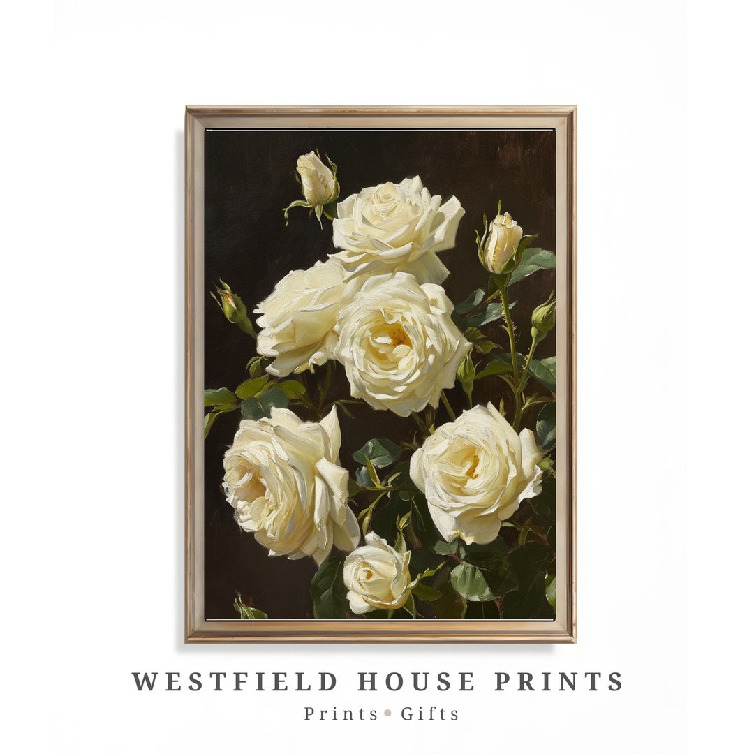 Vintage Cream Roses Botanical Painting | Bedroom Wall Art Printable ...