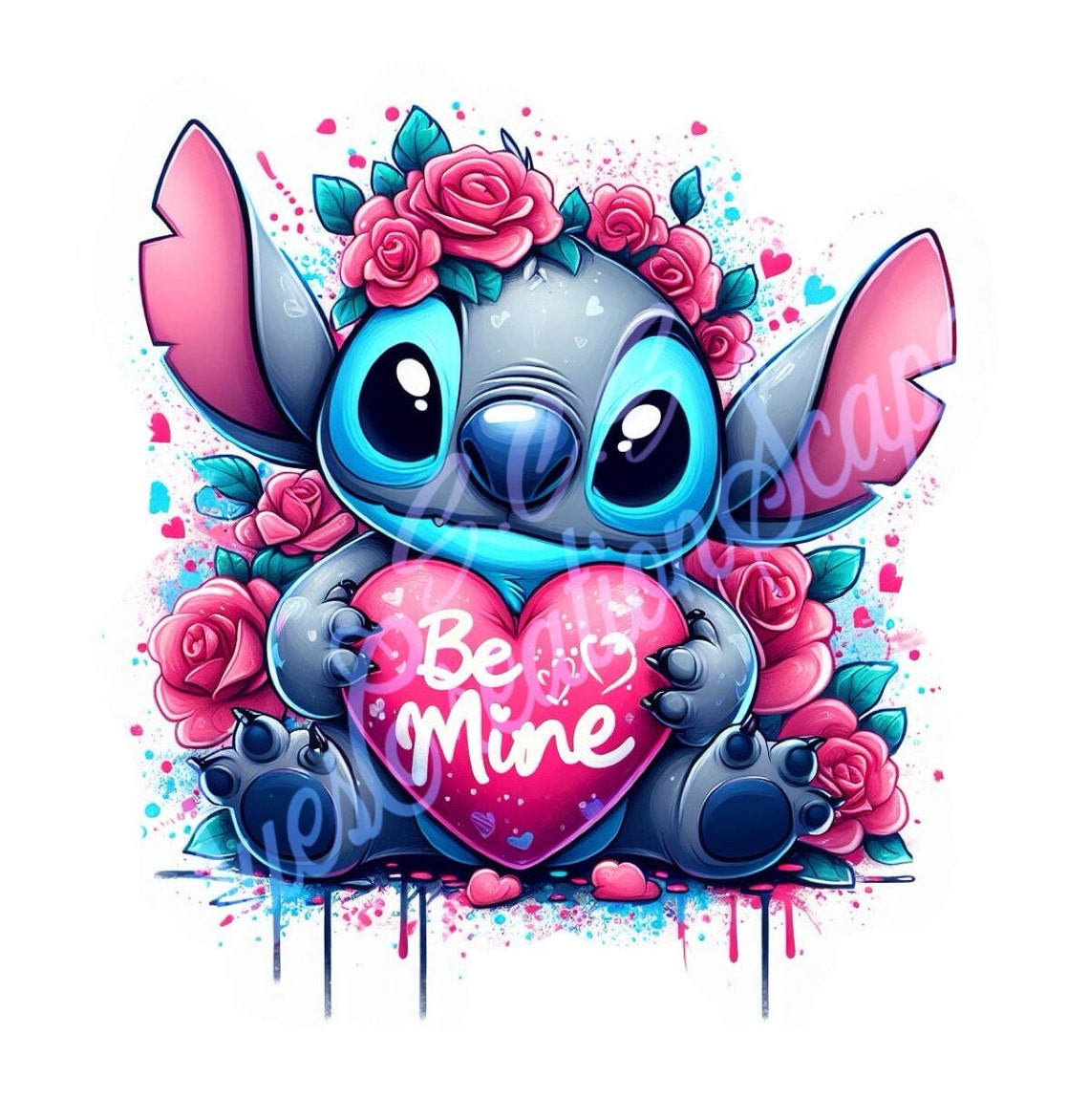 Stitch Surrounded With Bold Roses PNG DOWNLOAD - Etsy