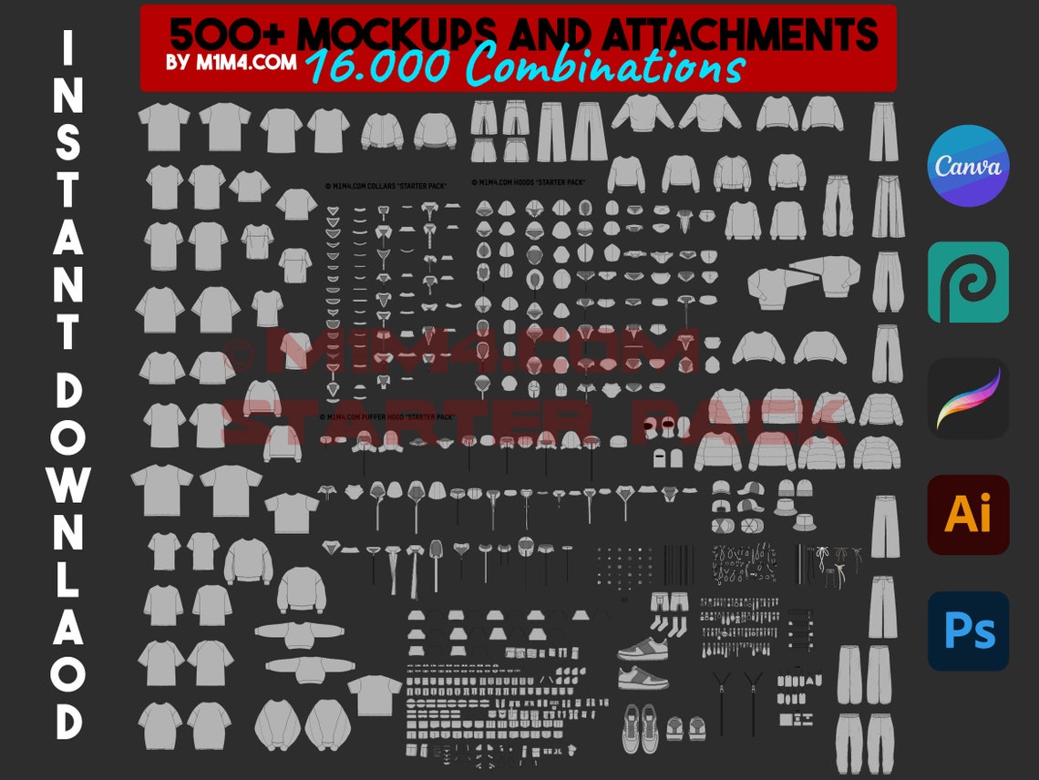 Mockup Pack Streetwear 500+ Mockup Attachments Flat Sketch Vector ...