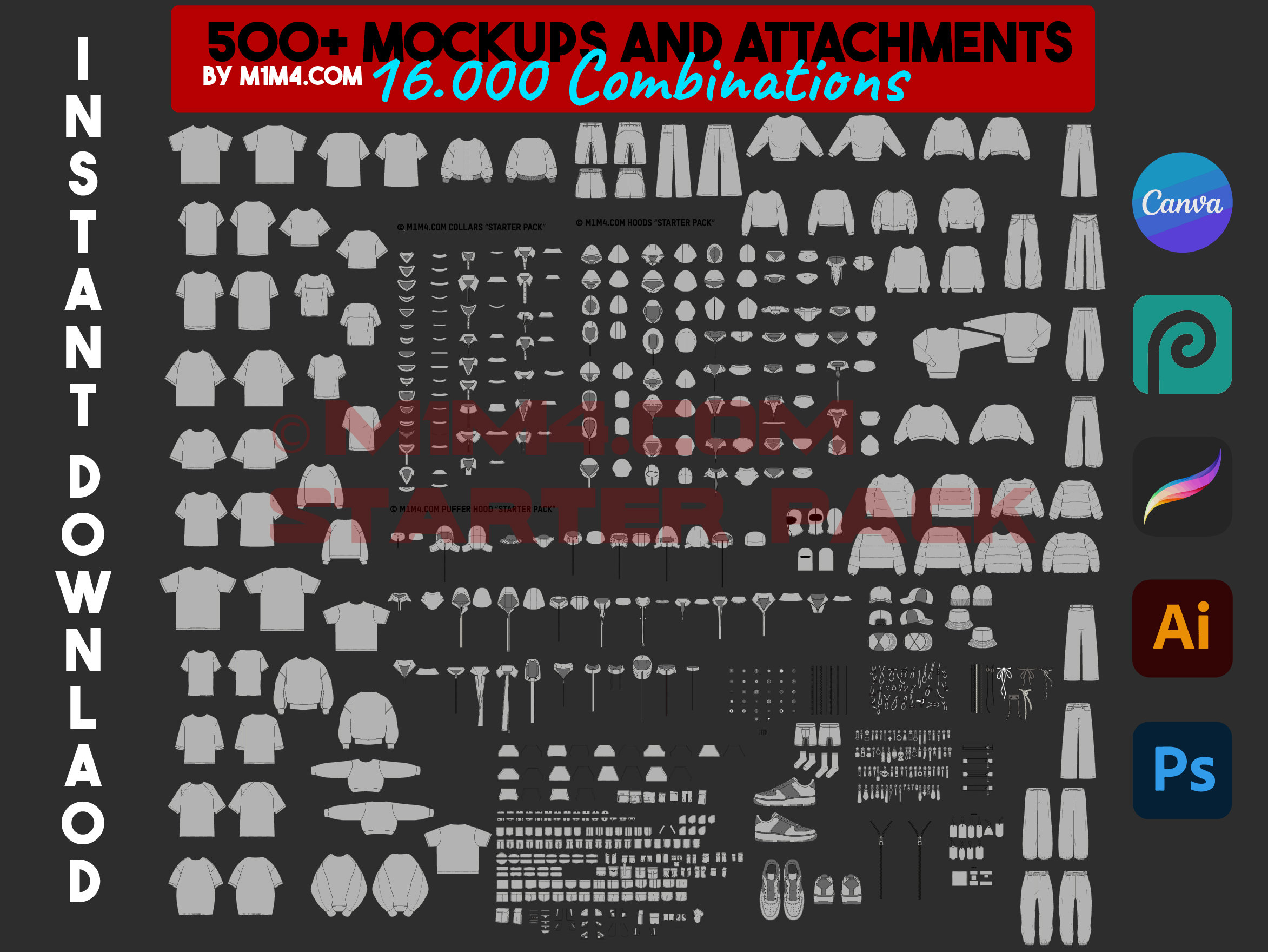 Mockup Pack Streetwear 500+ Mockup Attachments Flat Sketch Vector ...