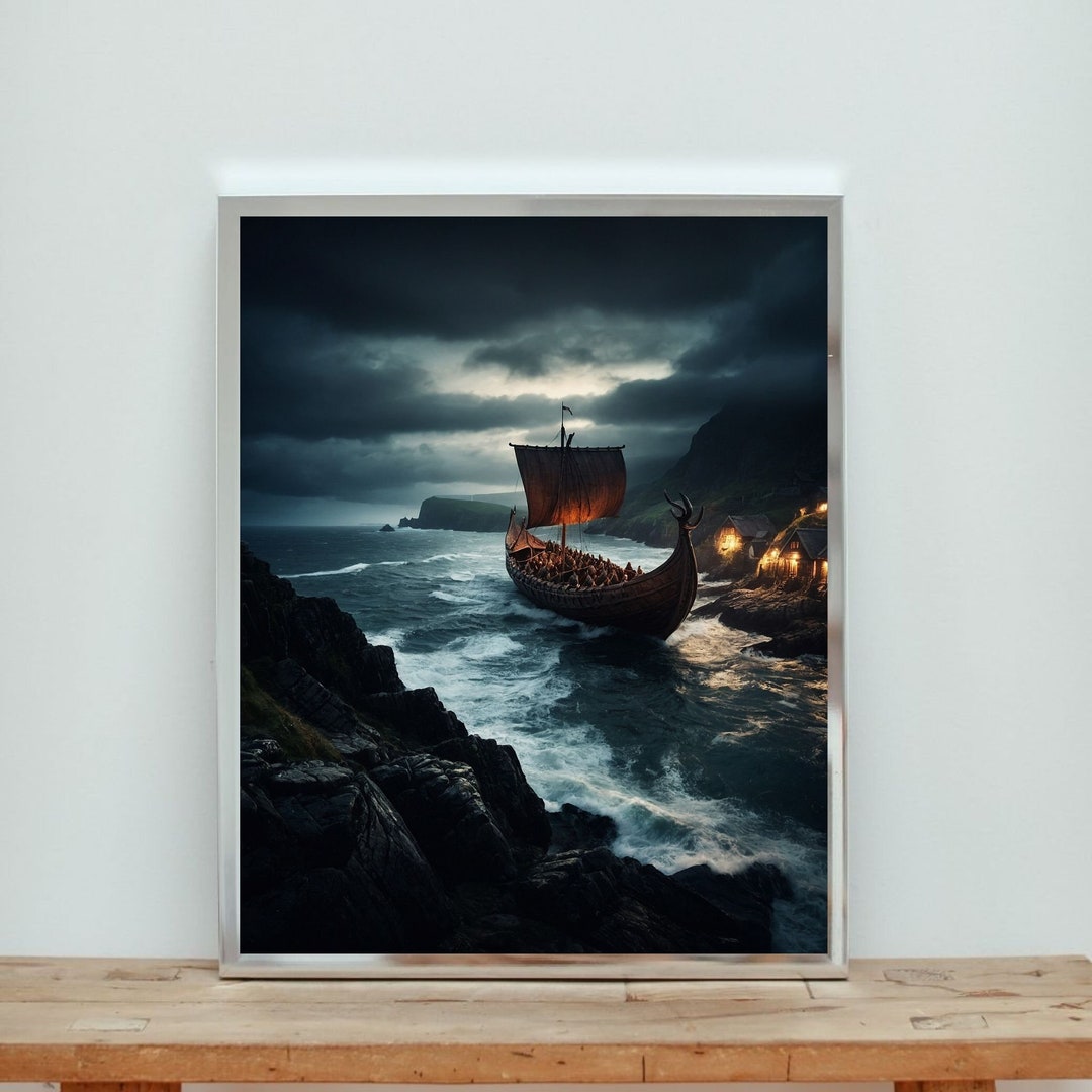 Norse Ship Painting Viking Ship Ocean Waves Nautical Art Print Digital ...