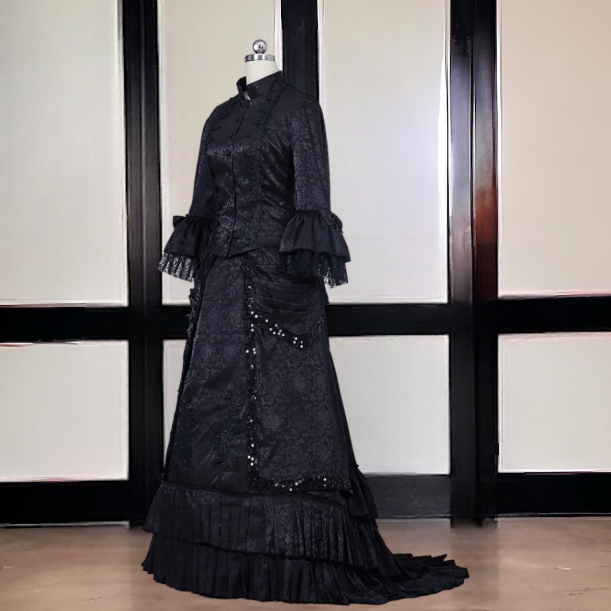 Black Victorian Mourning Gown, Gothic Victorian Funeral Attire, Black ...