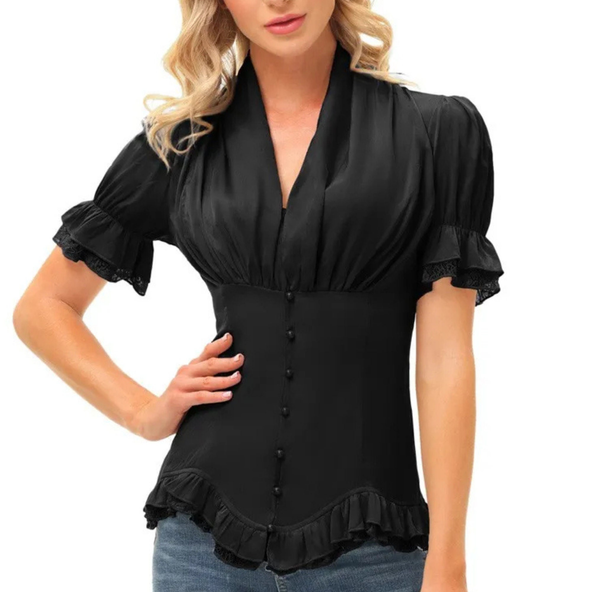Victorian Style Ruffle Blouse, Gothic Short Sleeve Button up Shirt ...