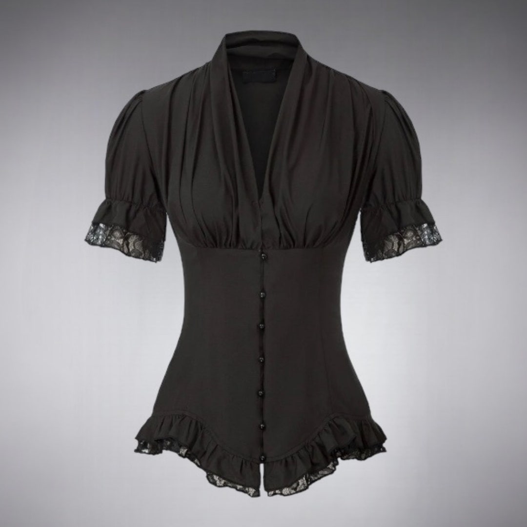 Victorian Style Ruffle Blouse, Gothic Short Sleeve Button up Shirt ...