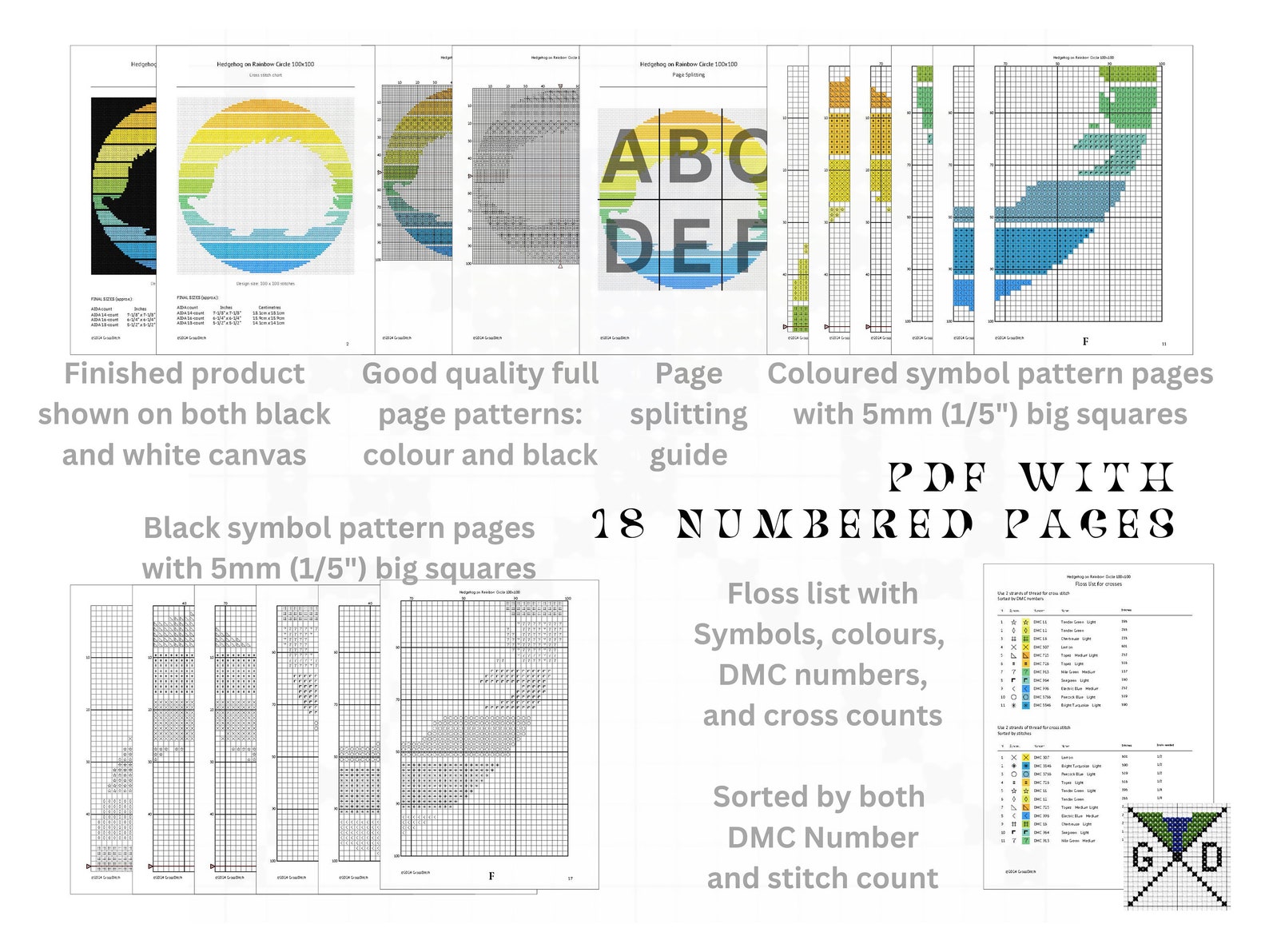 Hedgehog on a Rainbow Circle PDF Cross Stitch Pattern - 100x100 ...