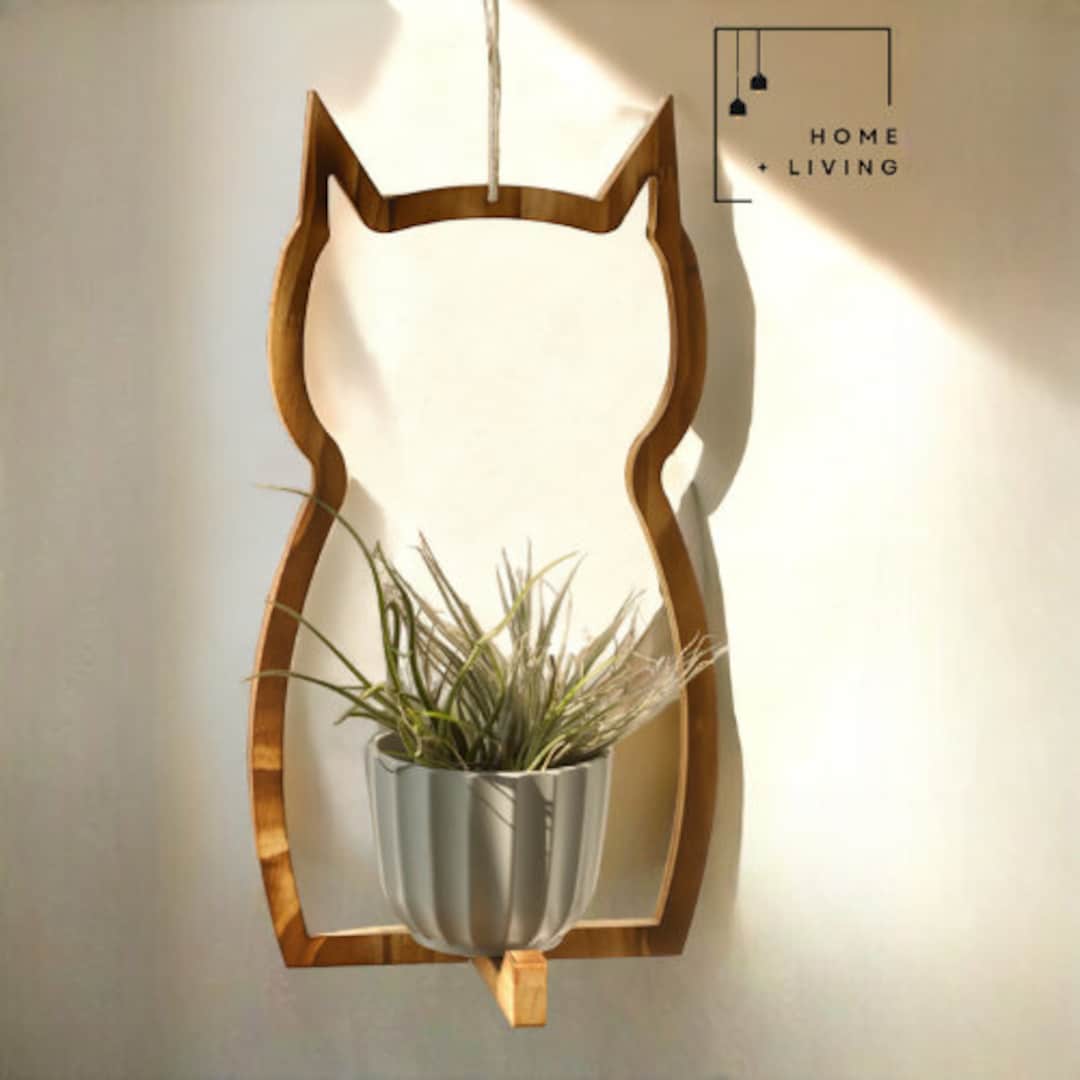 Hanging Wooden Cat Planter Cat Plant Holder Unique Hanging Plant ...