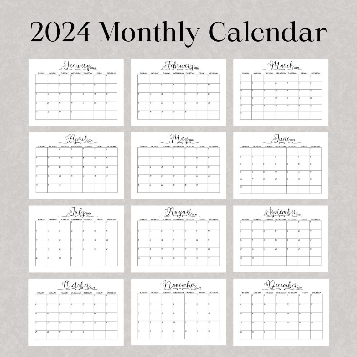 2024 Calendar, Monthly Calendar, Printable Calendar, Minimalist ...