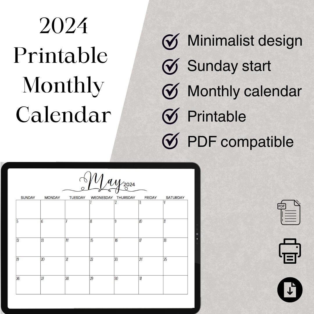 2024 Calendar, Monthly Calendar, Printable Calendar, Minimalist ...