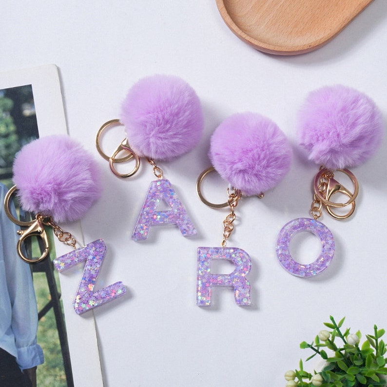 A-Z Purple Letter Keychain for Women Cute Pompon Pendant Initial ...