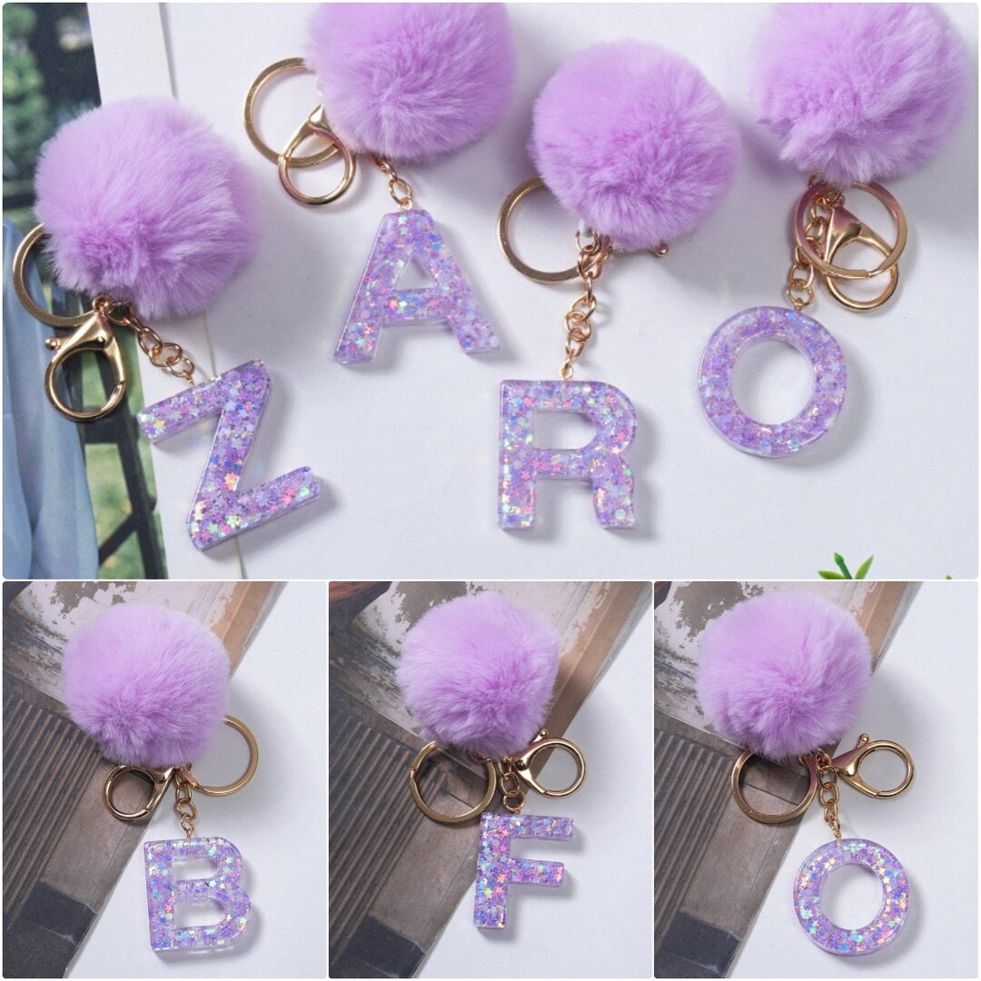 A-Z Purple Letter Keychain for Women Cute Pompon Pendant Initial ...