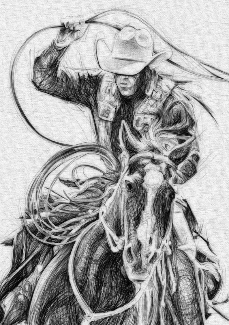 Dear Rodeo. Cowboy Riding a Horse With Lasso. Western Sketch Art ...