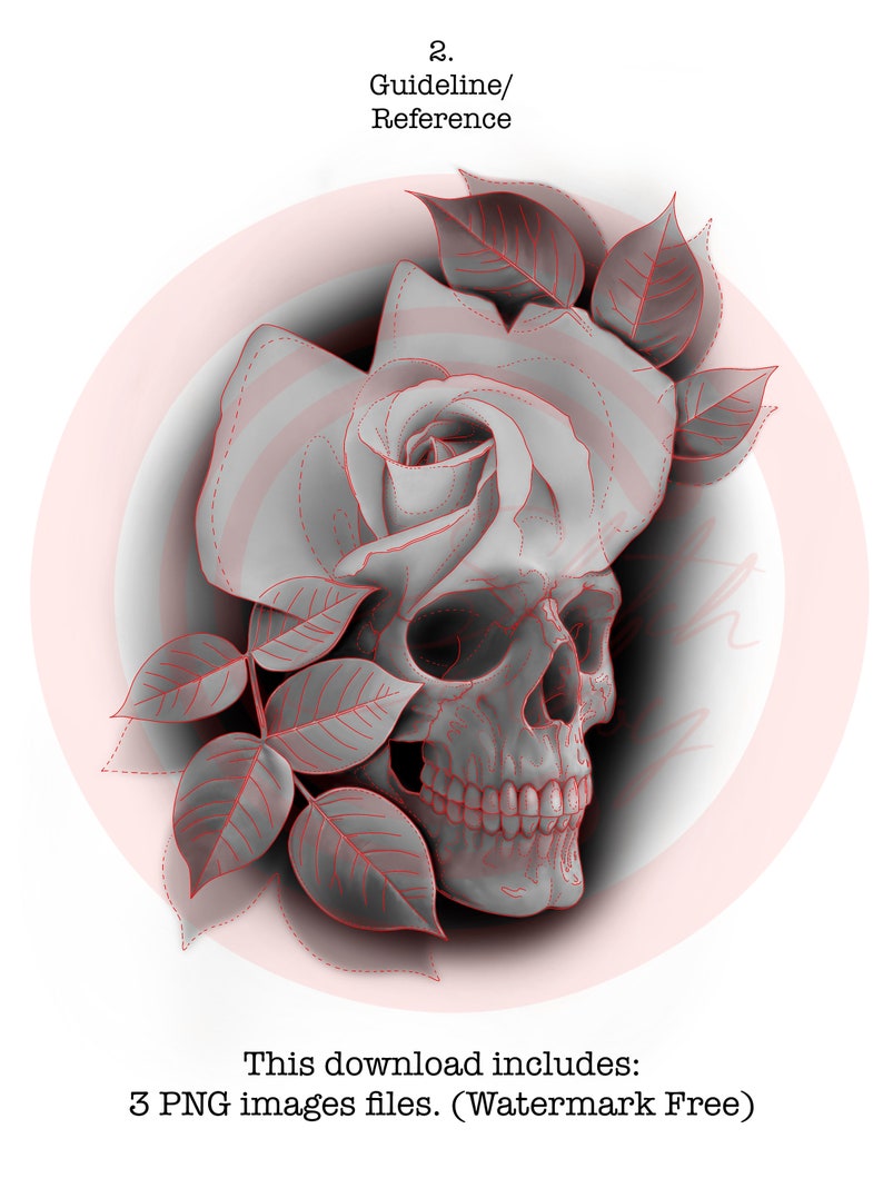 Instant Download Tattoo Design. Skull and Rose With Leaf Motif. Guide ...