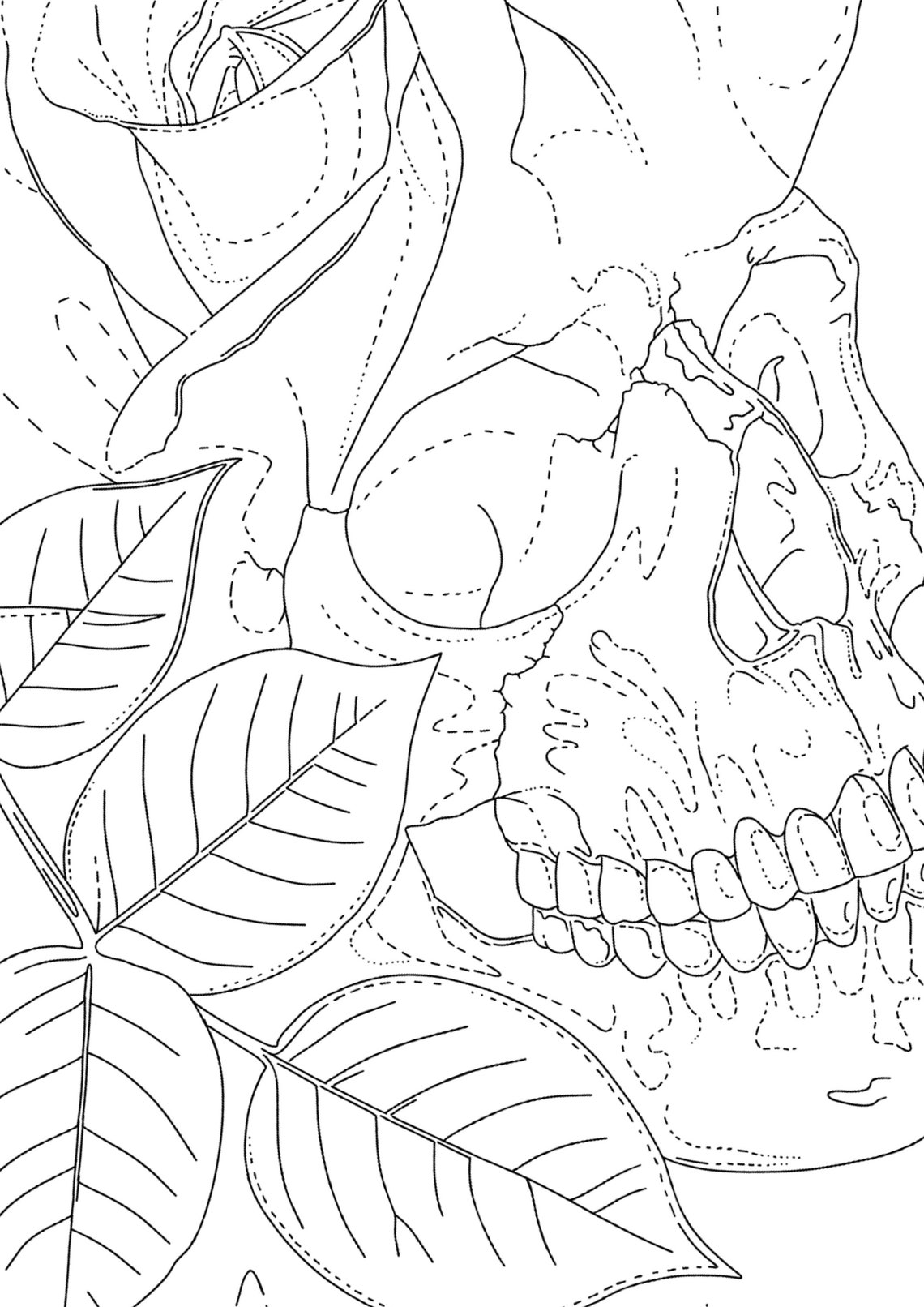 Instant Download Tattoo Design. Skull and Rose With Leaf Motif. Guide ...