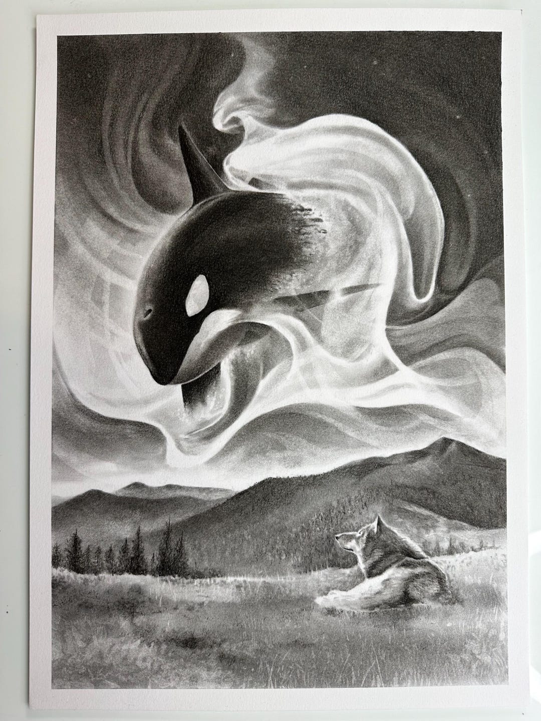 Original Drawing. Charcoal Artwork, Wolf and Orca in a Mountain Scene ...
