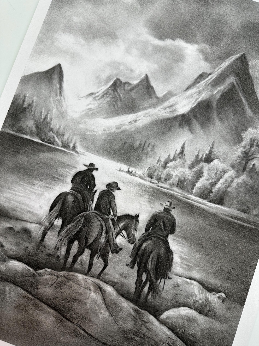 Original Drawing. Cowboys in a Mountain Lake Scene. Riding Out ...
