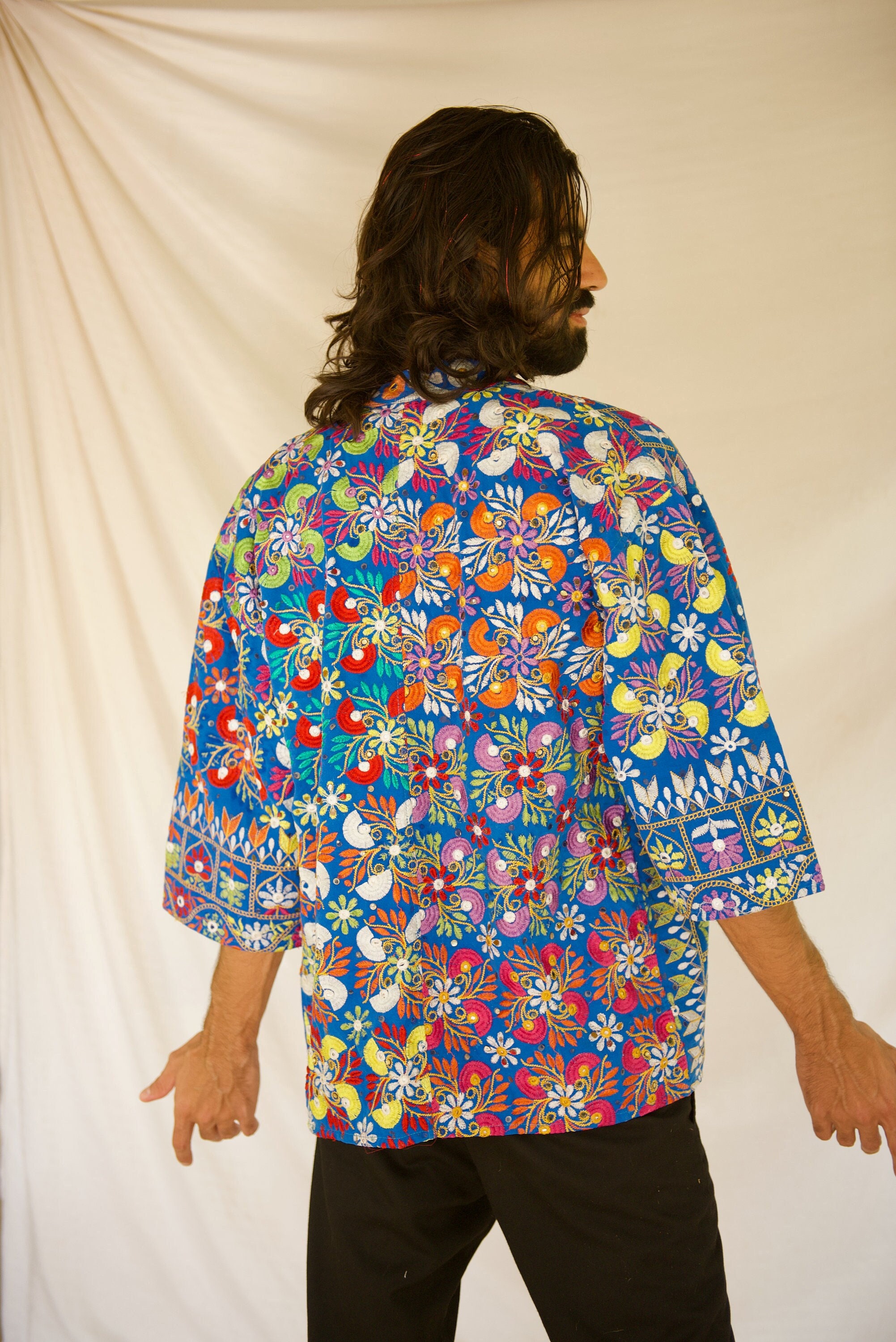 Sky Blue Neon Embroidered Upcycled Gujarati Embroidery Psychedelic ...