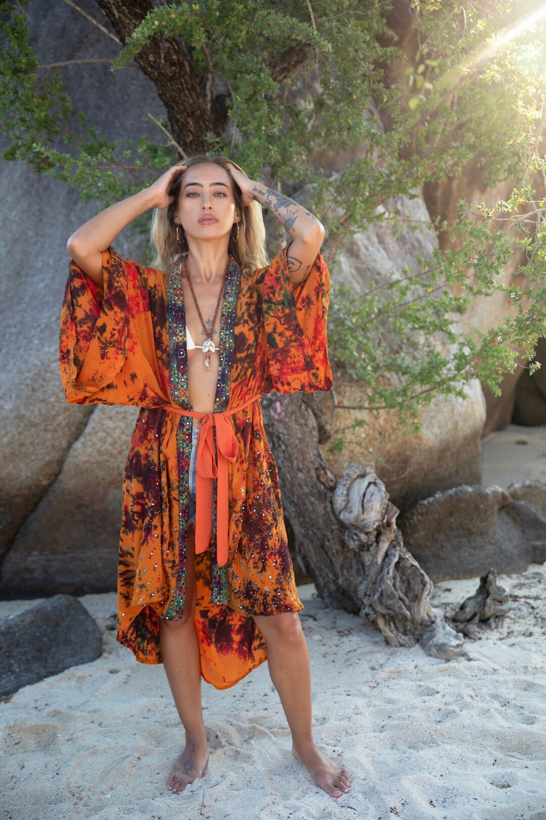 Orange Red Blue Dyed Upcycled Sari Chiffon High Low Hem Boho Kimono ...