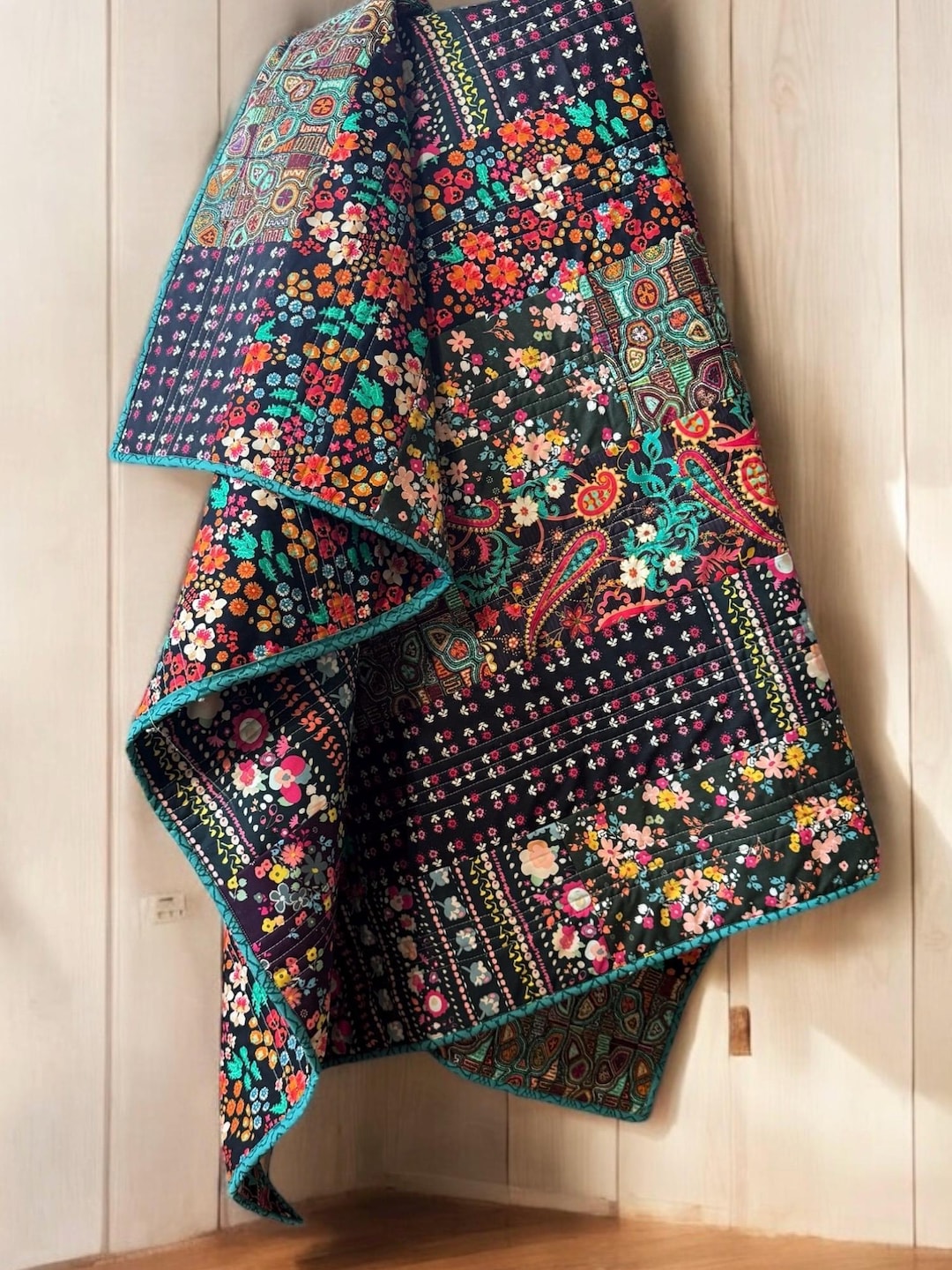 Handmade Kantha Style Quilt + Dark Bohemian Throw Quilt + 54" X 72 ...