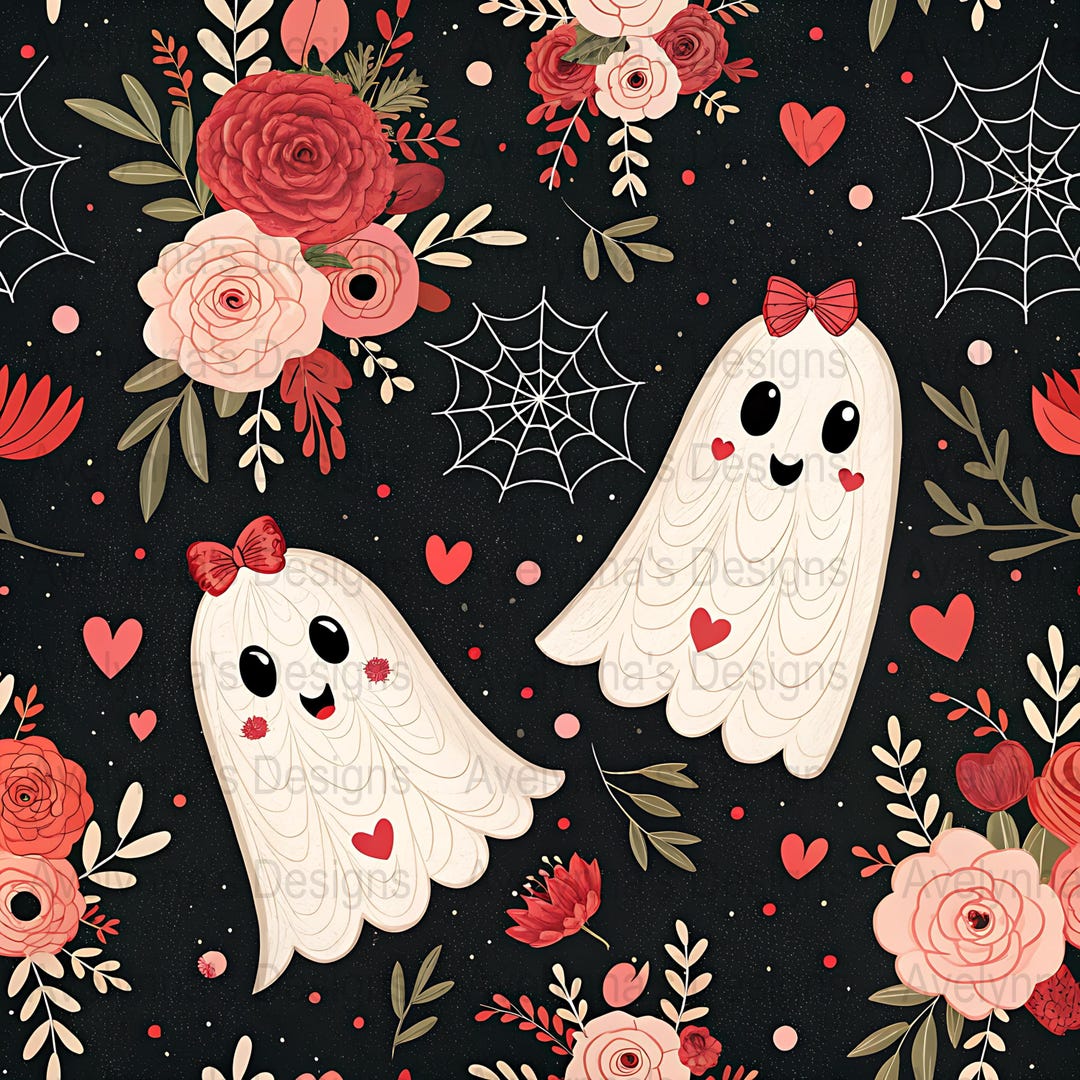 Cute Ghost Floral Seamless Pattern, Halloween Digital Paper, for ...