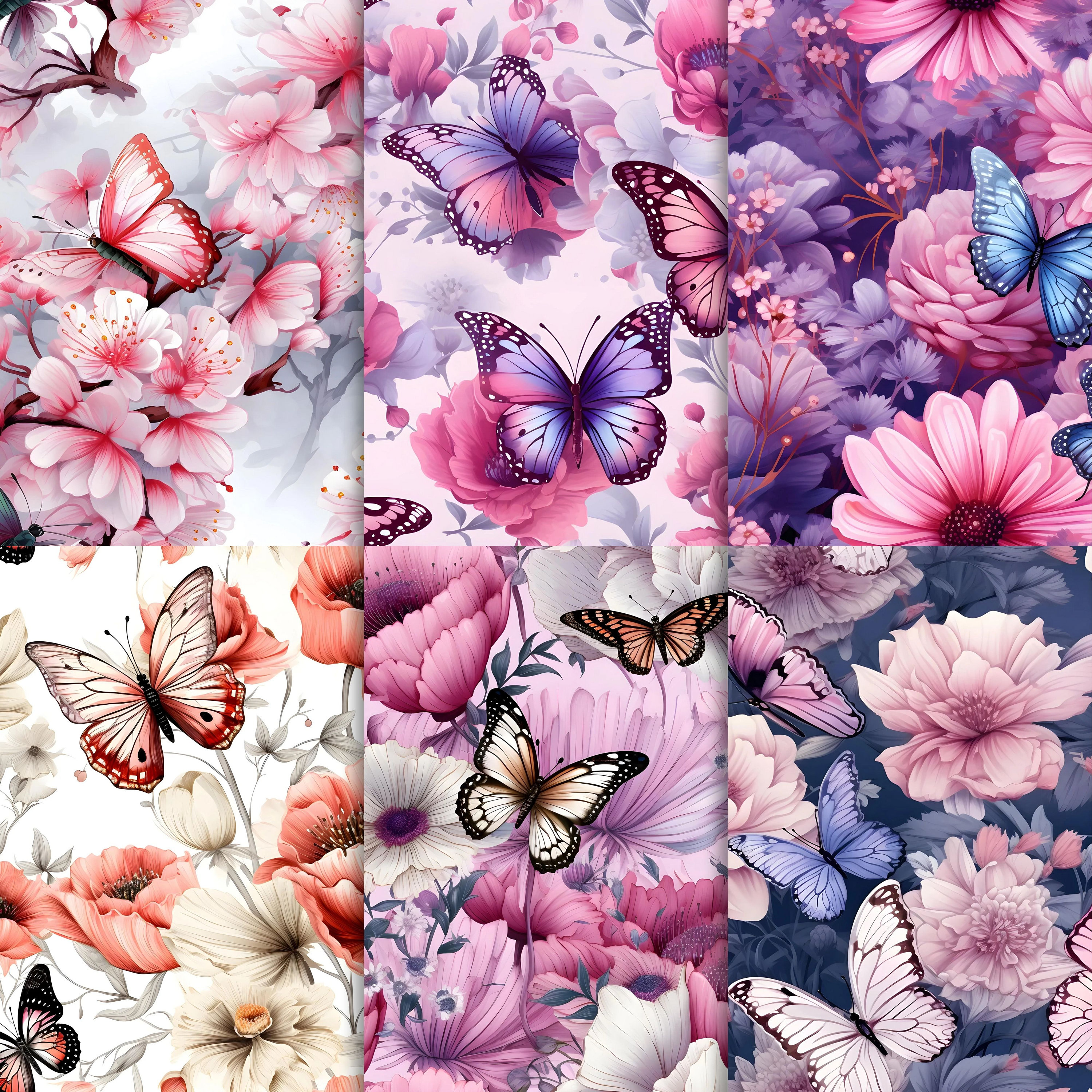 Pastel Pink Watercolor Butterflies & Flowers Seamless Bundle,boho ...