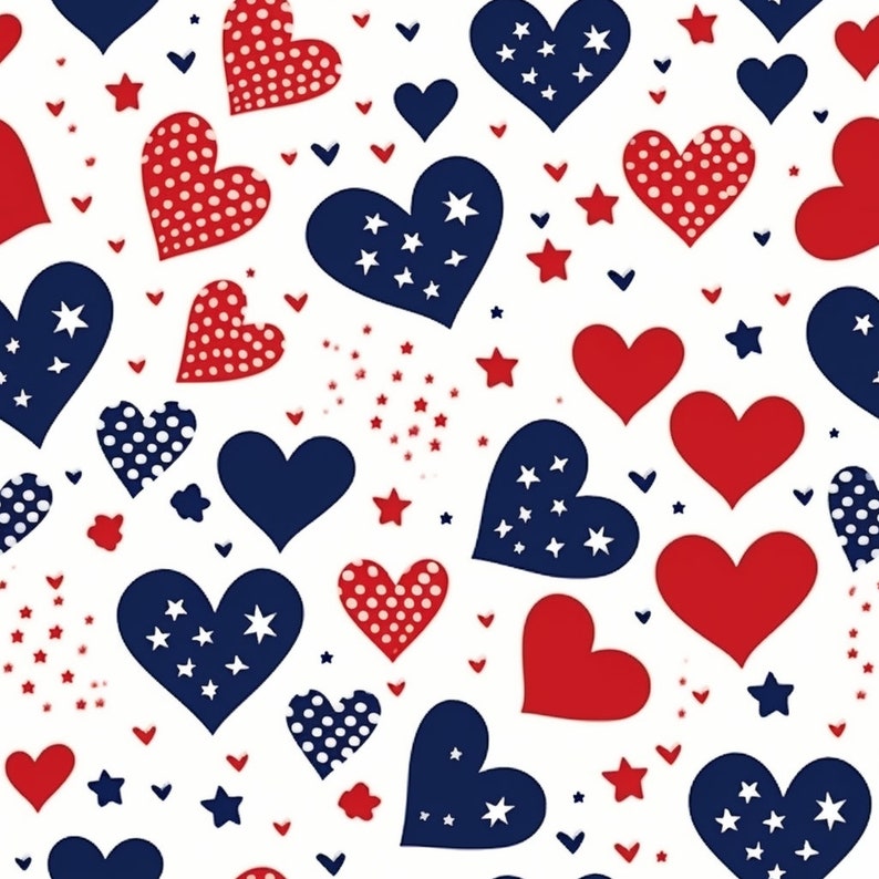 4th of July Seamless Pattern, Patriotic Heart and Stars Digital Paper ...