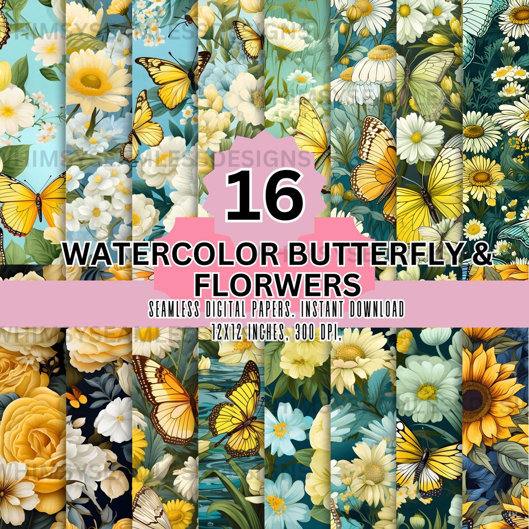 Yellow Watercolor Butterflies & Flowers Digital Paper Pack,boho ...