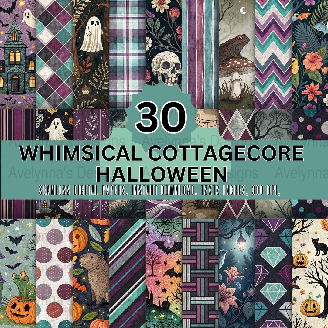 Spooky Cottagecore Halloweens, Floral Skull Digital Paper Bundle, 12x12 ...