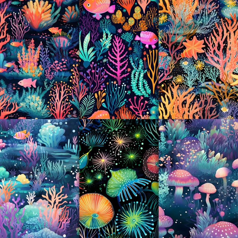 Neon Undersea Creatures Digital Paper,neon & Vibrant Undersea,undersea ...