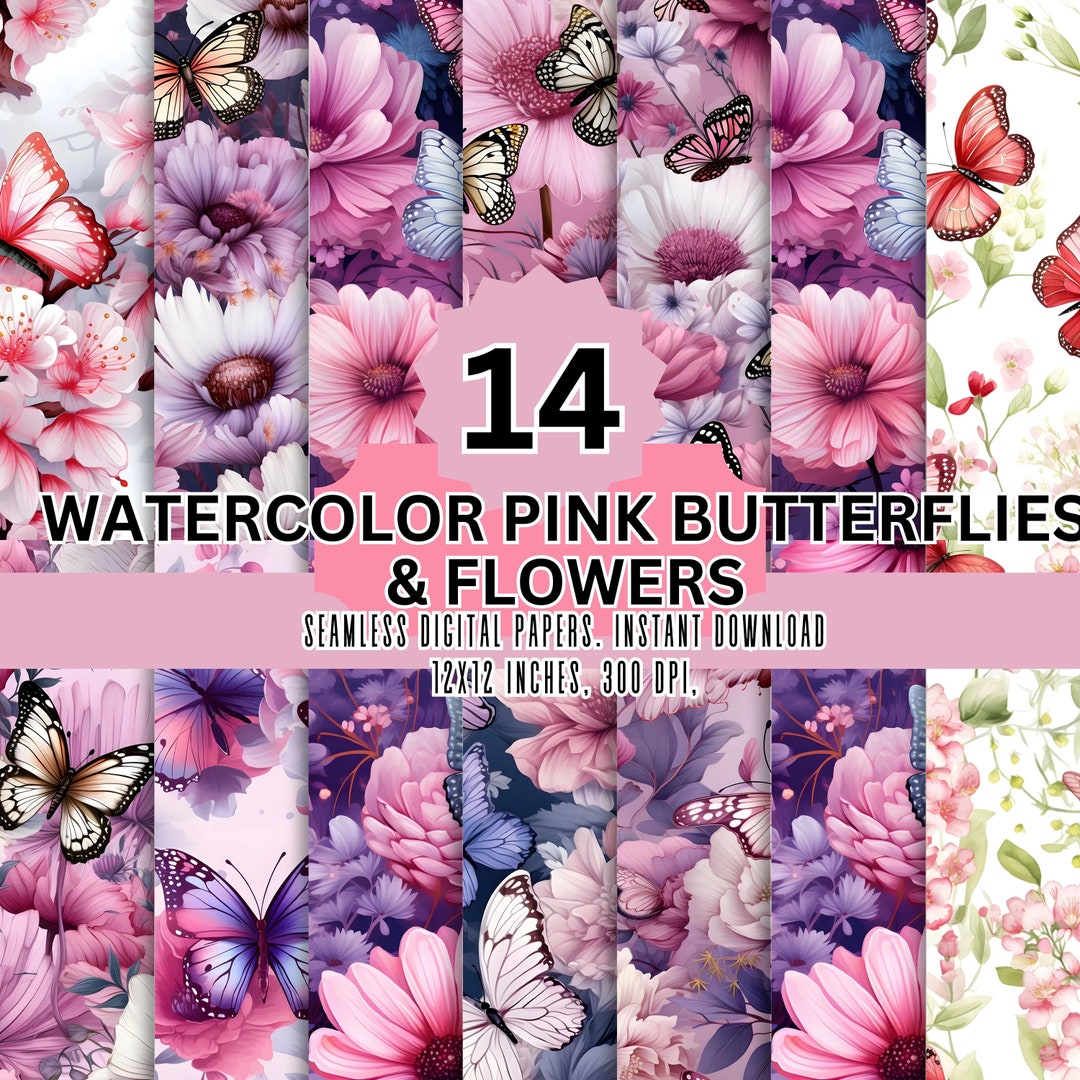 Pastel Pink Watercolor Butterflies & Flowers Seamless Bundle,boho ...