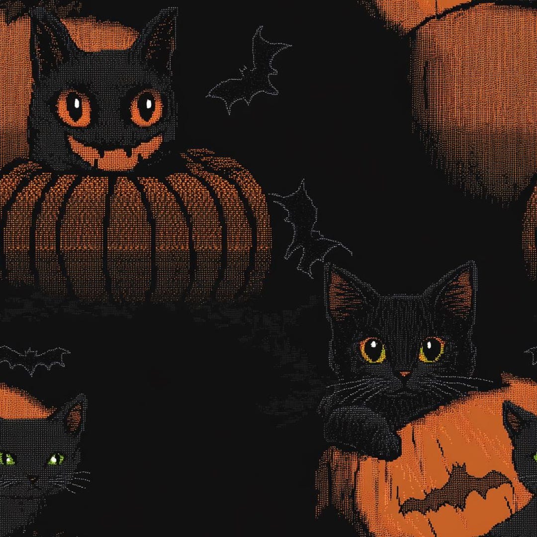 Halloween Black Cats in Pumpkins Pattern Seamless 300 DPI PNG, Hand ...