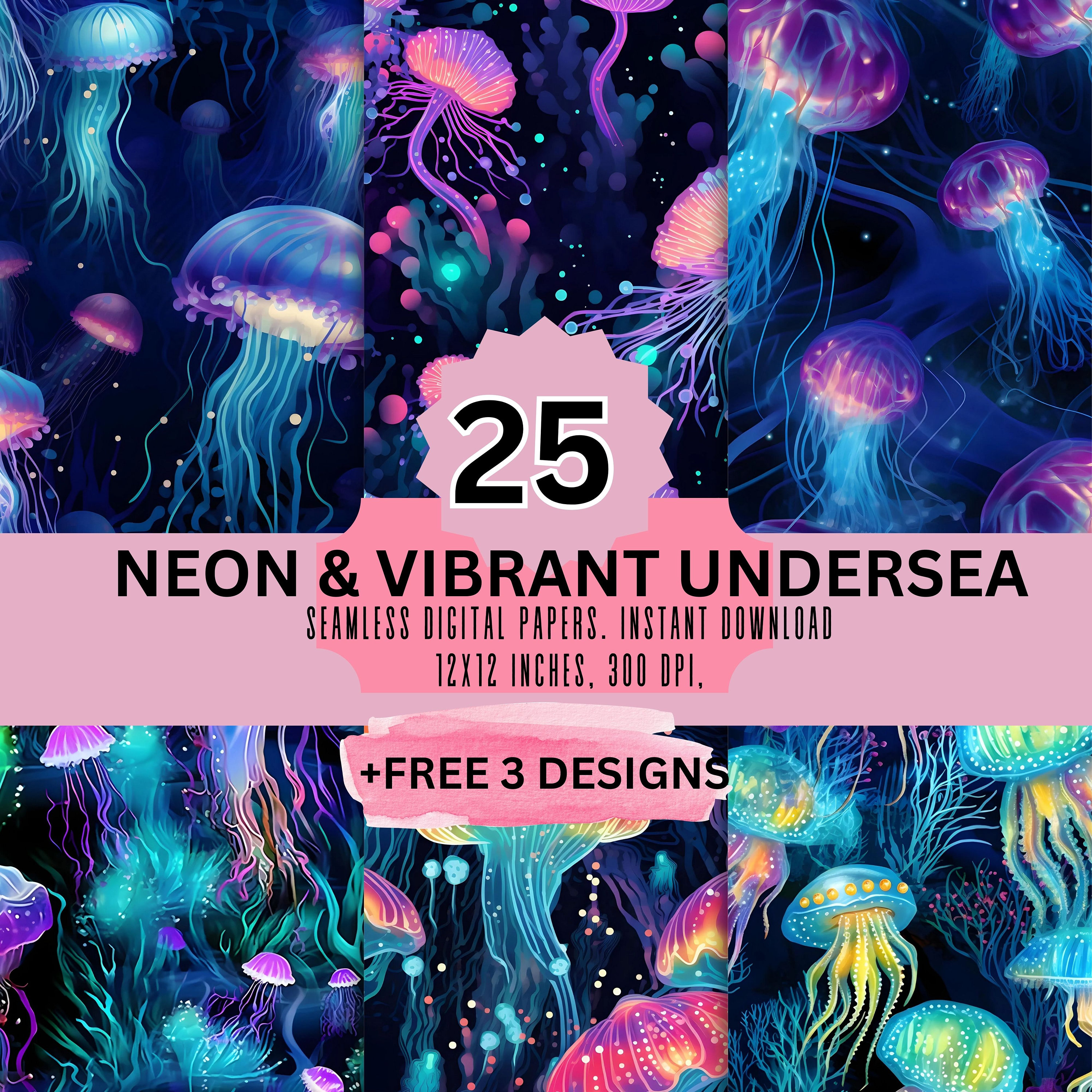 Neon Undersea Creatures Digital Paper,neon & Vibrant Undersea,undersea ...