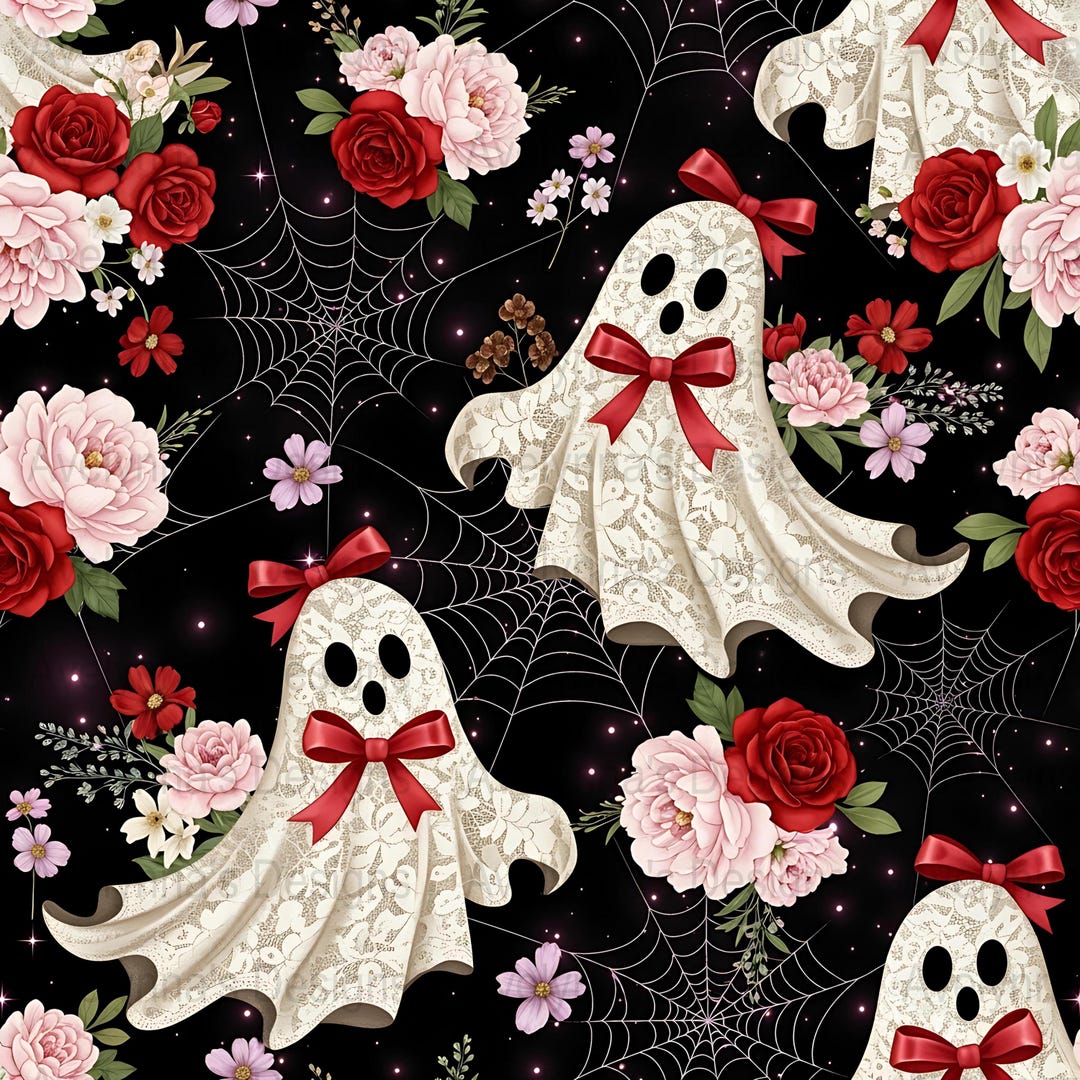 Floral Ghost Halloween Seamless Pattern for Crafters, Digital Papers ...