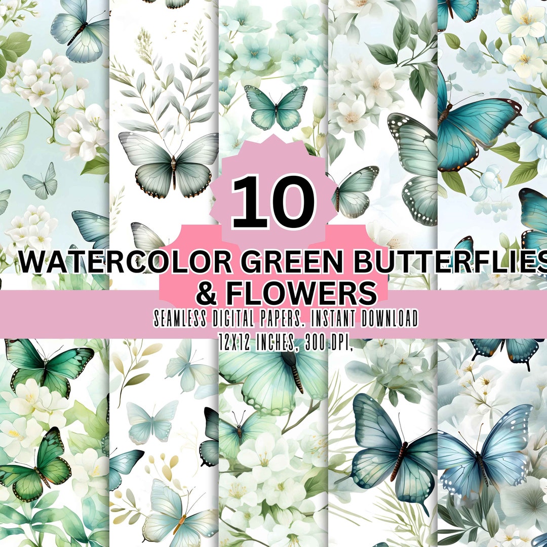 Pastel Green Watercolor Butterflies & Flowers Seamless Pattern Bundle ...
