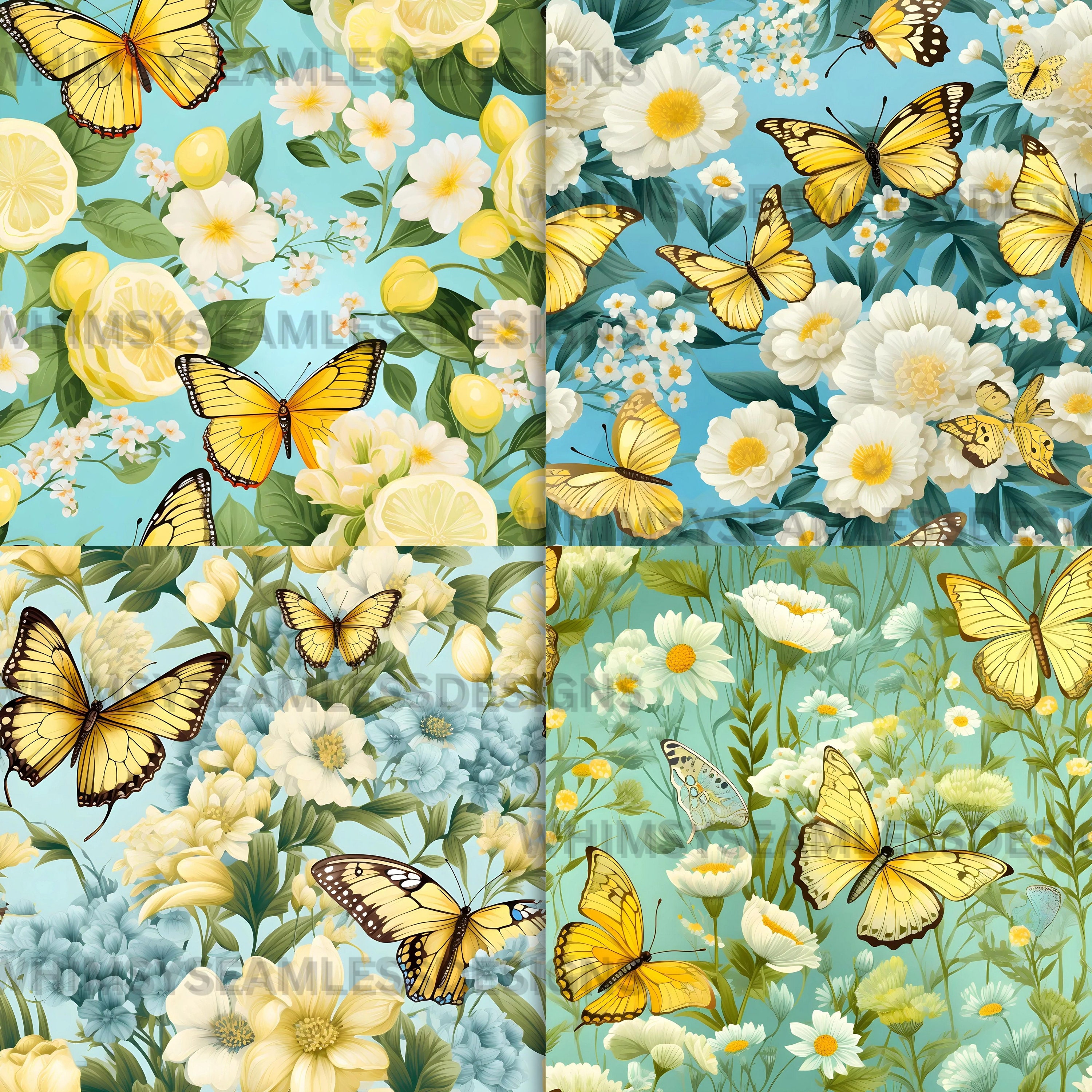 Yellow Watercolor Butterflies & Flowers Digital Paper Pack,boho ...