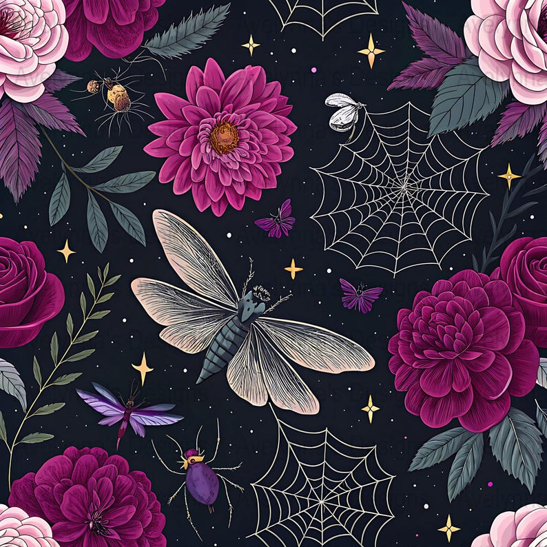 Floral Moth Seamless Pattern: Goth Halloween Digital Paper (print on ...
