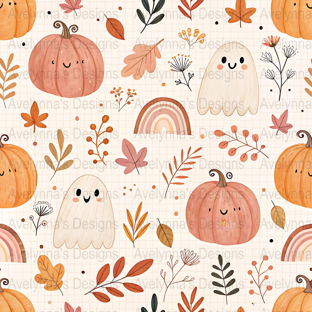 Boho Fall Ghosts & Pumpkins Seamless Pattern: POD Digital Paper (12x12 ...