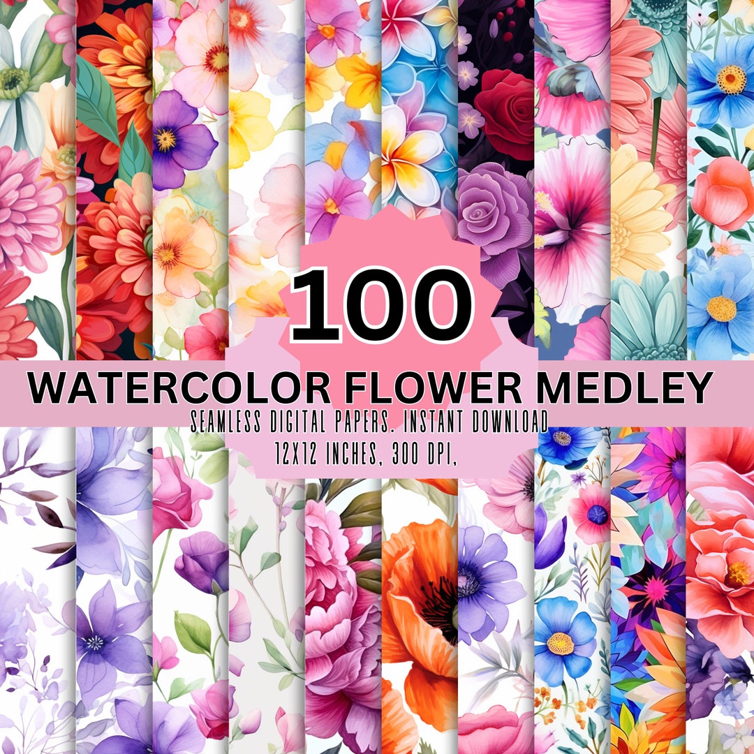 100 Seamless Pattern Watercolor Flowers,watercolor Floral Megabundle ...