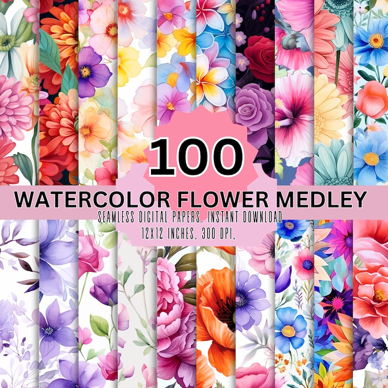 100 Seamless Pattern Watercolor Flowers,watercolor Floral Megabundle ...
