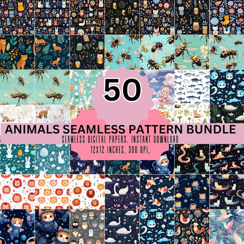 50 Cute Animals Seamless Pattern Bundle, Cute Animal Designs,animal ...