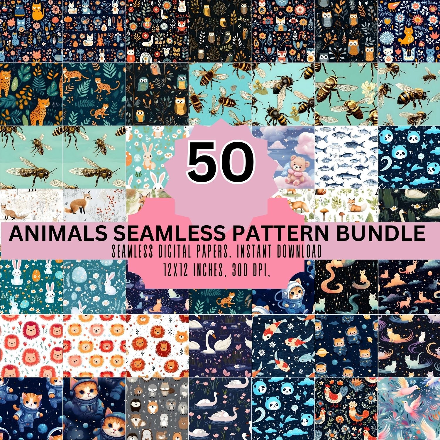 50 Cute Animals Seamless Pattern Bundle, Cute Animal Designs,animal ...