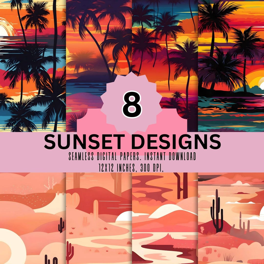 Sunset Designs Seamless Pattern, 300 Dpi PNG, 12x12in, Instant ...