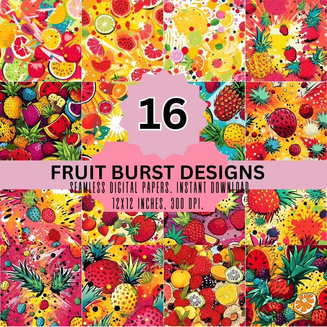 Fruit Burst Seamless Patterns: Vibrant PNG Designs (digital Download ...