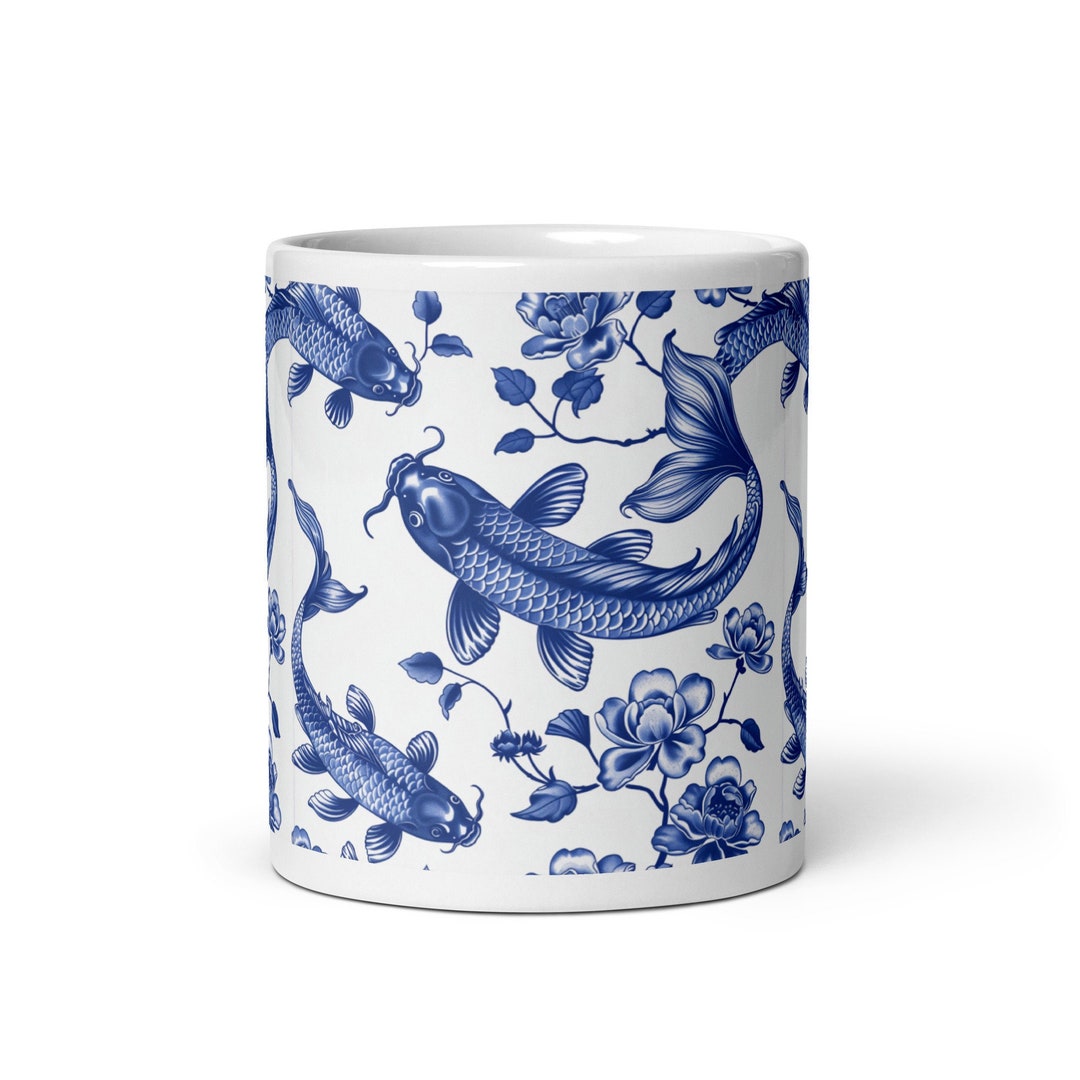 Tranquil Koi Pond Mug - Japanese Inspired Delft Blue Fish Cup - Etsy