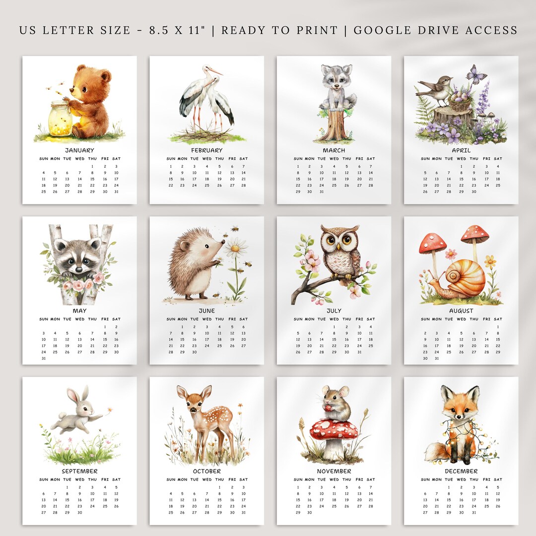 Printable 2026 Woodland Animals Calendar for Kids, Animal Illustrations ...