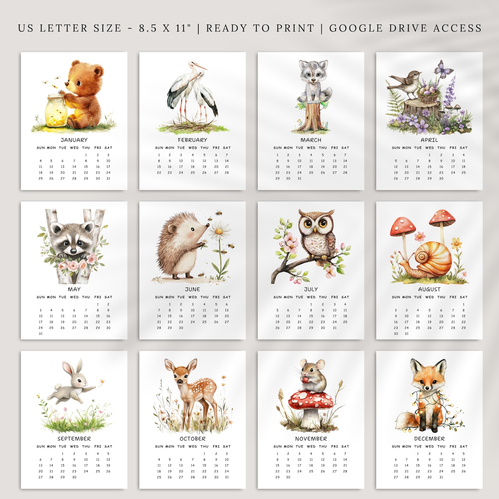 Printable 2026 Woodland Animals Calendar for Kids, Animal Illustrations ...