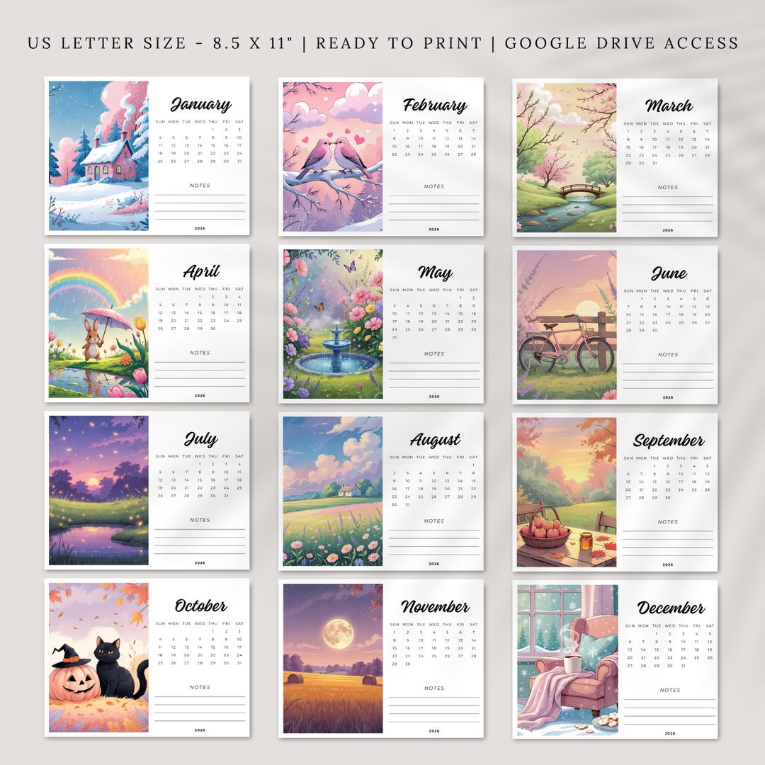 Printable 2026 Whimsical Pastel Calendar, Seasonal Monthly Planner - Etsy
