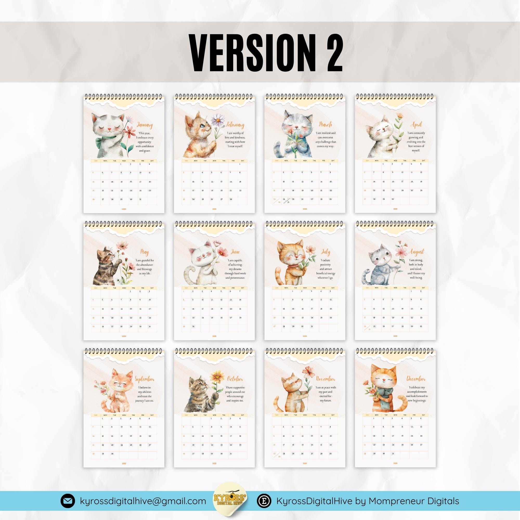 2025 Illustrated Cat Calendar Printable Aesthetic 2025 Calendar 2025 ...