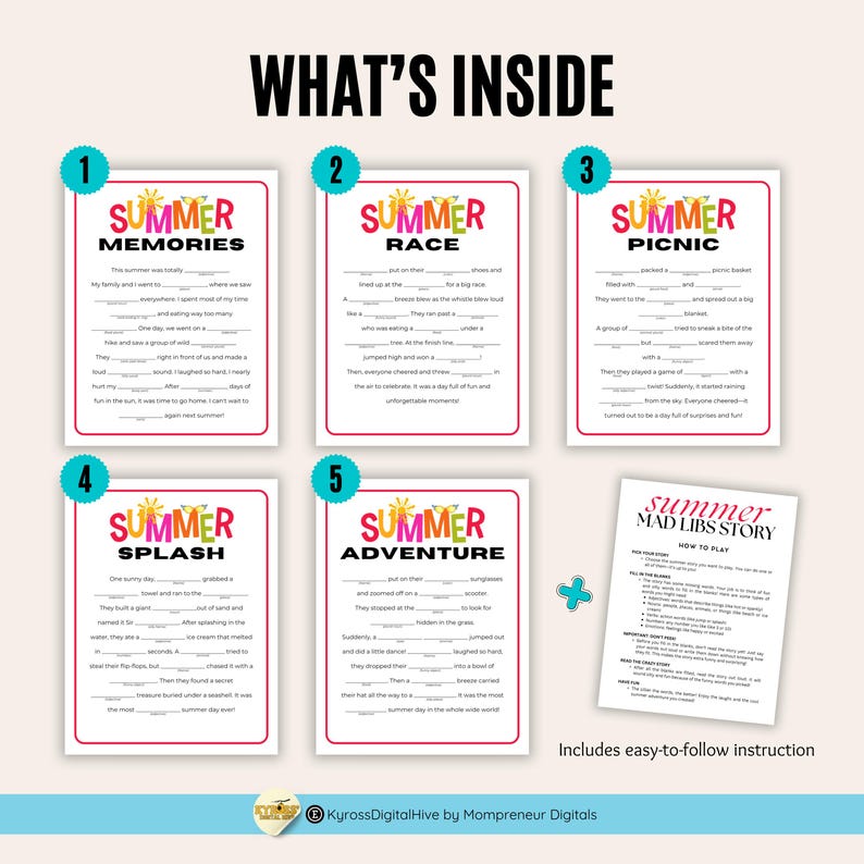 5 Printable Summer Mad Libs, Summer Mad Libs Activity Games, Summer Mad ...