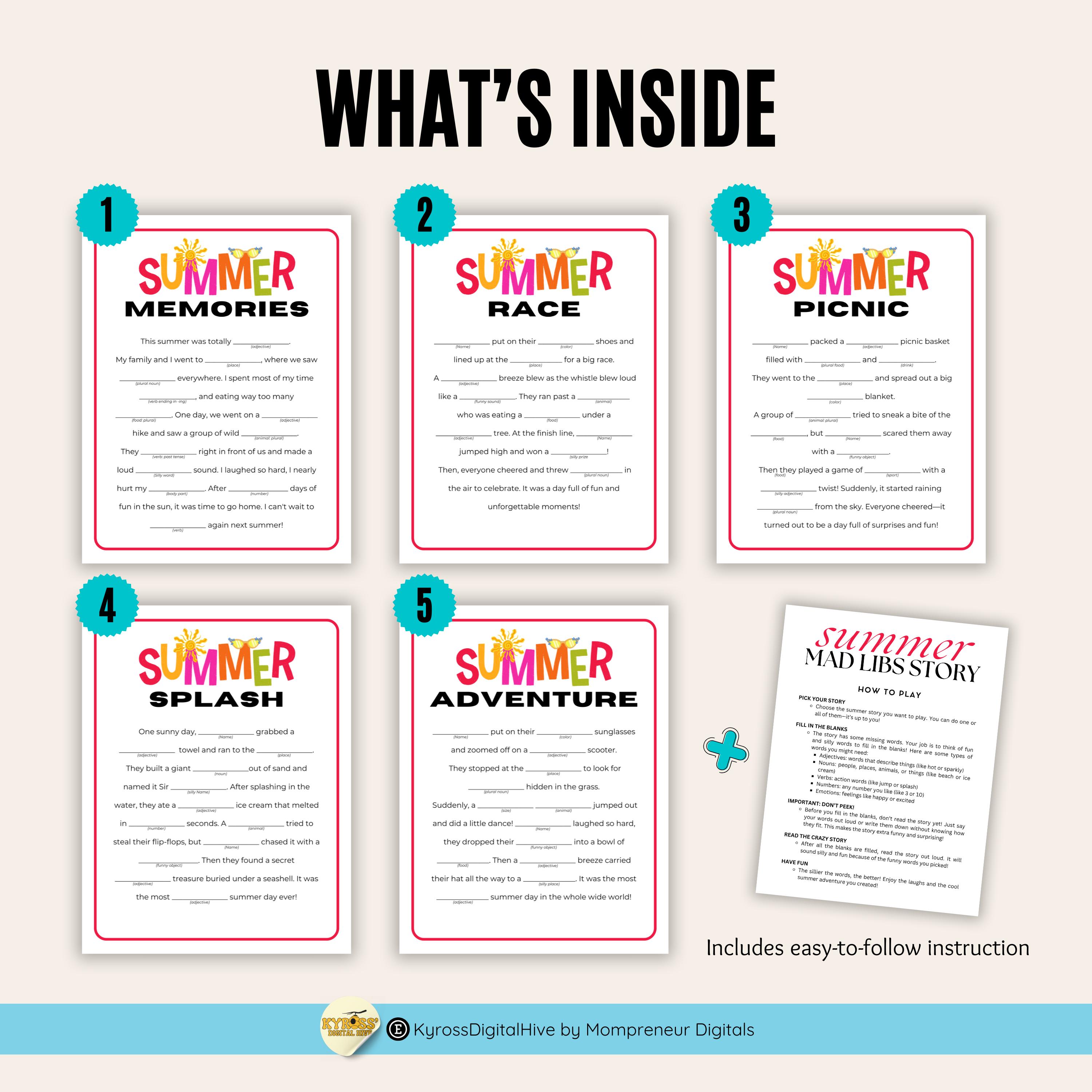 5 Printable Summer Mad Libs, Summer Mad Libs Activity Games, Summer Mad ...